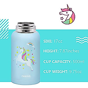 DAMML Kids Water Bottle, insulated stainless steel thermos with Leak-proof straw(Girls/Boys) Reusable Water Bottle Shoulder Strap Suitable for School - Cute Unicorn, 17OZ(Blue)