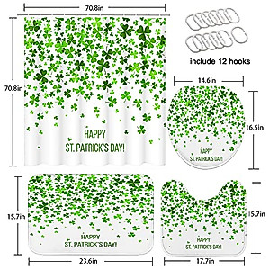 ArtSocket 4 Pcs Shower Curtain Set Happy Saint Patrick Day Green Four Leaf Shamrock Clover with Non-Slip Rugs Toilet Lid Cover and Bath Mat Bathroom Decor Set 72 x 72 inch