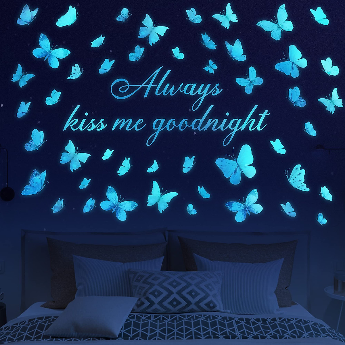 Butterfly Wall Decor Stickers Glow in The Dark Butterfly Wall Decals Peel and Stick Luminous Butterflies Always Kiss Me Good Night Decals Positive Quotes for Girls Kids Ceiling Bedroom Living Room