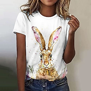 Women Casual Top Easter Bunny Printing Loose Round Neck Short Sleeve T Shirt Khaki