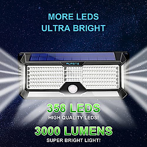 Solar Lights Outdoor Super-Bright 358 LEDs 3000lm - Solar Motion Sensor Lights Outdoor - Solar Battery Powered 4400 mAh - for Wall, Post, Pathway Garden up to 1800 sq ft - 3 Optional Modes (2 Pack)