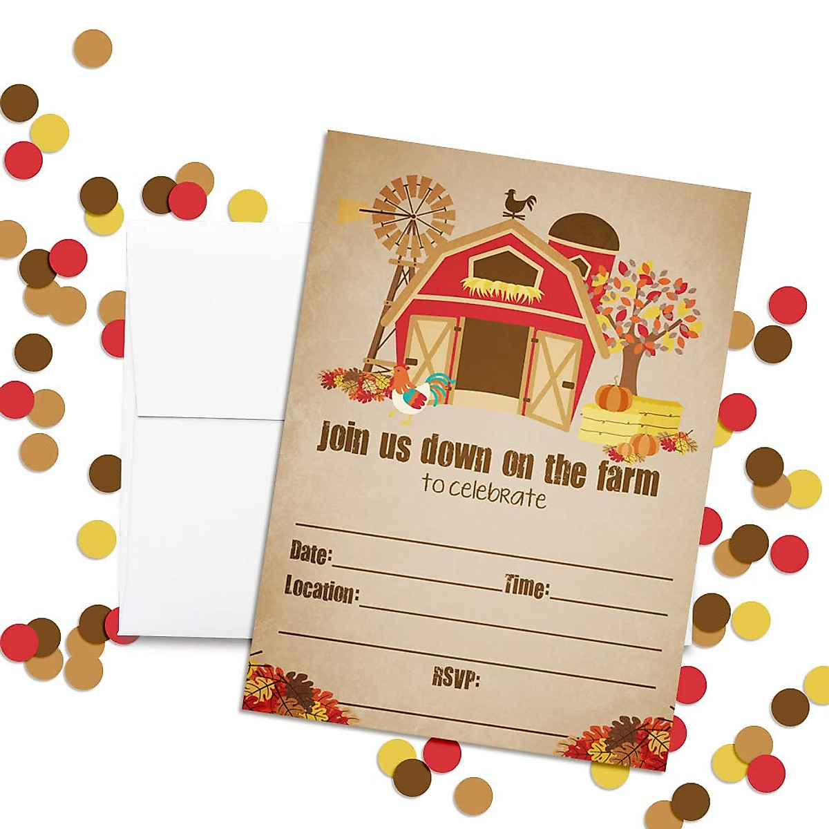 Rustic Old Fashioned Barn Fall & Autumn Barnyard Farm Birthday Party Invitations, 20 5x7 Fill In Cards with Twenty White Envelopes by AmandaCreation