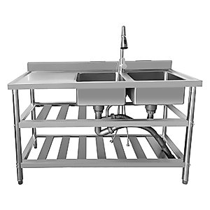 DuyviSteil Commercial Restaurant Sink Stainless Steel Utility Sink Free-standing Kitchen Sink, Freestanding Outdoor Sink with Pull-Out Faucet(Double Bowl)