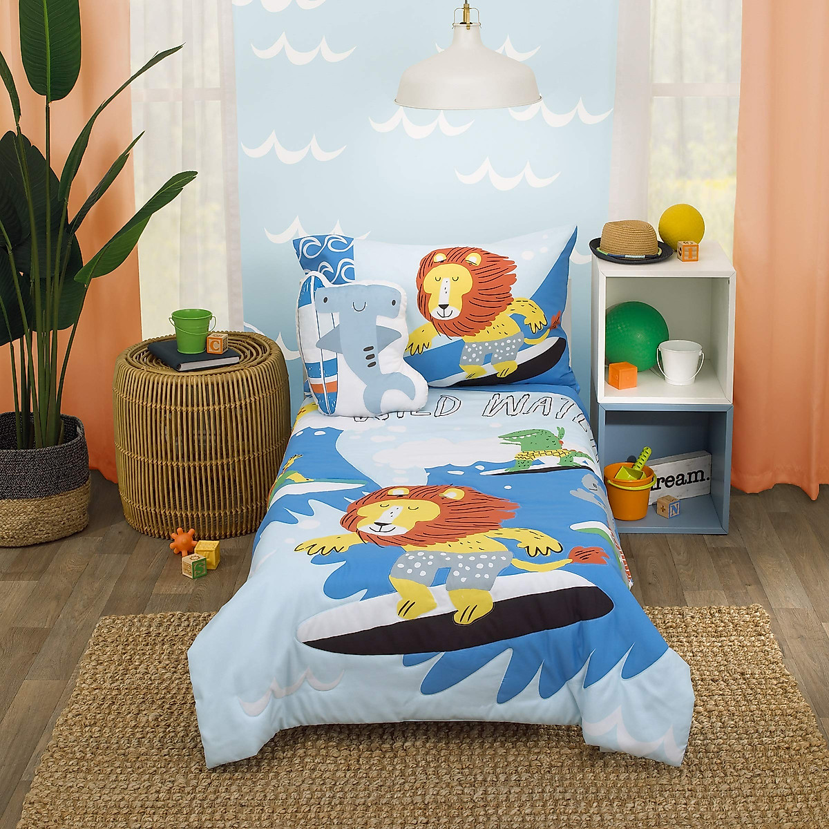 Everything Kids Little Dude Adventure Blue & White Shark with Surfboard Decorative Pillow, Blue, Orange, White (8767721P)