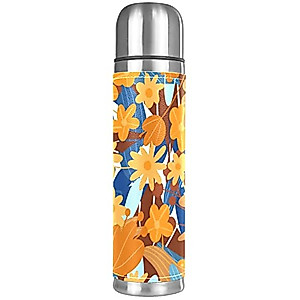 Stainless Steel Leather Vacuum Insulated Mug Flower Thermos Water Bottle for Hot and Cold Drinks Kids Adults 16 Oz