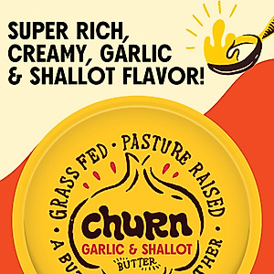 Churn Garlic & Shallot Butter, Flavored Butter Churned with Organic Grass Fed Butter (5.5oz, Pack of 3) - Non-GMO, Hormone-Free, Compound and Finishing Butter