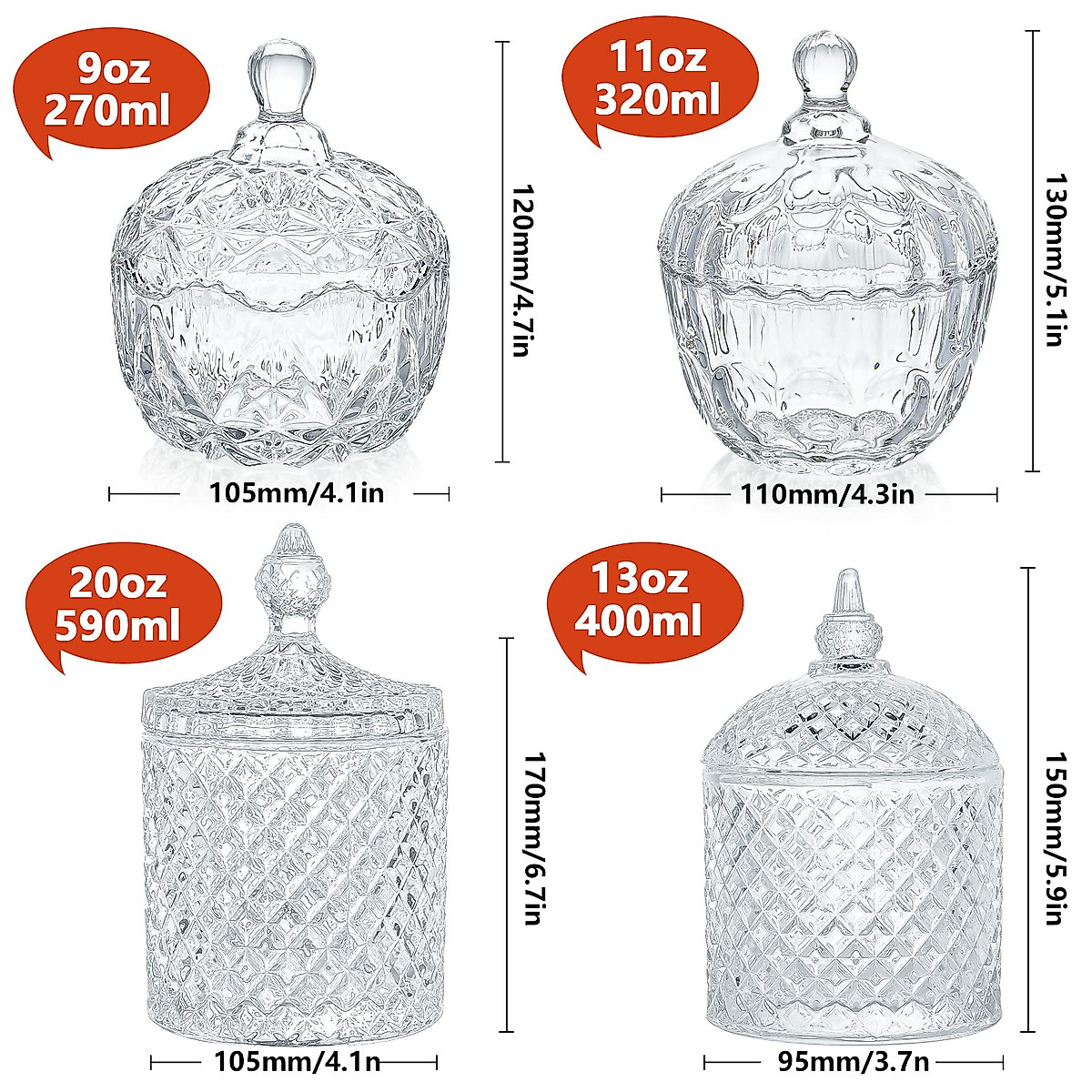 INFTYLE Glass Candy Dish with Lid Set of 4 Crystal Glass Candy Jar Jewelry Box Dappen Dish Cookie Jar for decorative storage gift idea