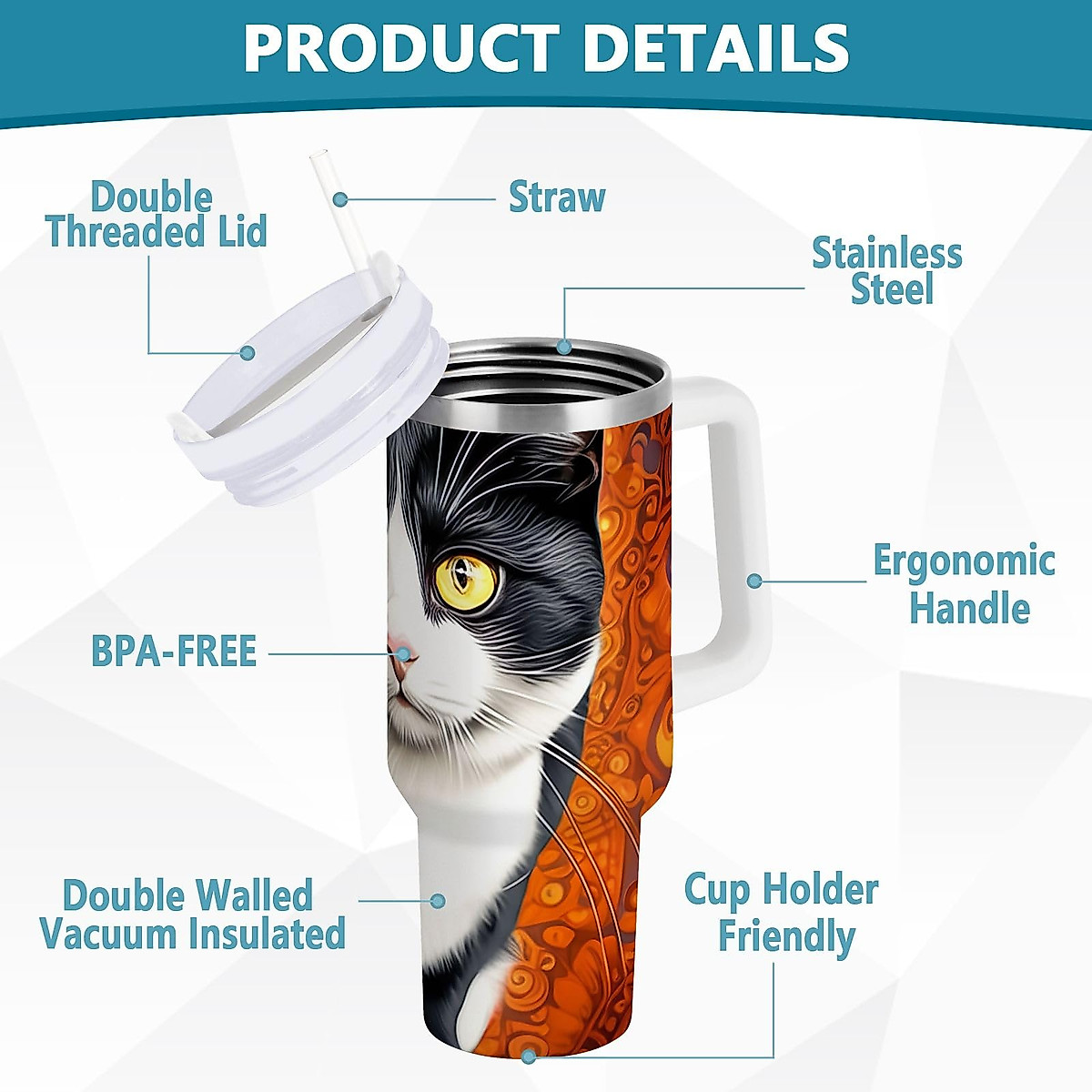 ODAWA 40 Oz Black White Cat Insulated Tumbler Cup with Handle and Straw, Stainless Steel Vacuum Insulated Tumbler