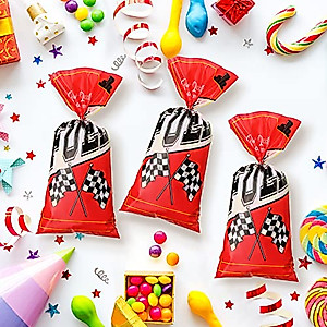 100 Pcs Race Car Fuel Can Popcorn Treat Bags Racing Car Cellophane Candy Bags Cookie Snacks Bags with Twist Checkered Racing Flag Bags Racing Theme Decorations Racing Car Birthday Party Supplies