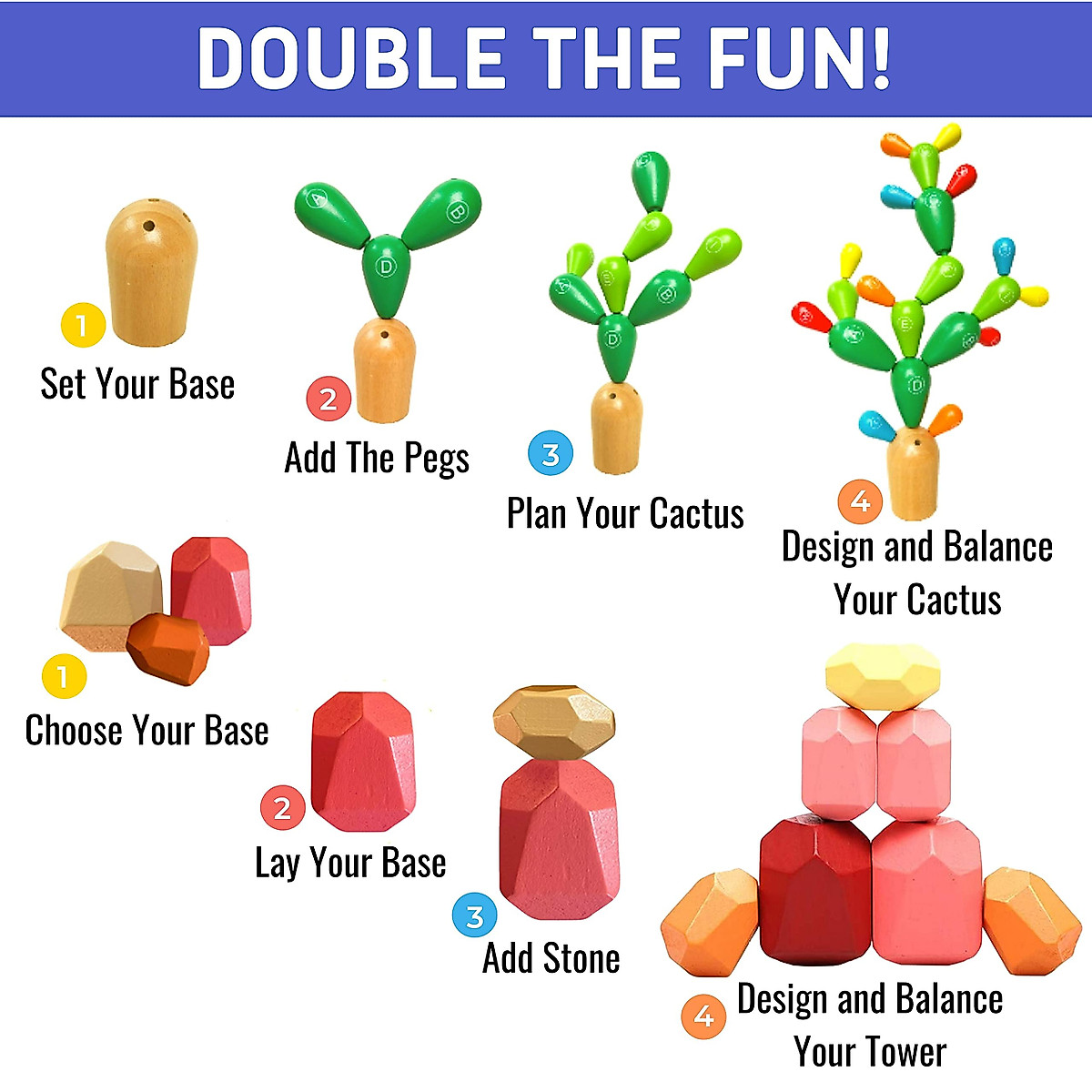 38 PCs Wooden Stacking Stones & Wooden Cactus Toy for Fine Motor Cactus Game, Balancing Cactus Toy is Made for Toddler and Kids with Easy Storage Bag, Educational Stacking Tree and Rock Stocking