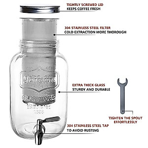 LIGHTEN LIFE Cold Brew Coffee Maker 1 Gallon, Cold Brew Coffee Kit with Stainless Steel Spigot,Cold Brew Dispenser with Extra Thick Glass Carafe, Gallon Large Cold Brew Maker for Coffee or Tea