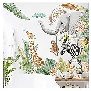 Africa Jungle Animal Wall Stickers,giraffe elephant Zebra Monkey plant Wall Decals, Peel and Stick Removable Wall decor, Diy Art Mural Decoration,Jungle Wallpaper for Kids Baby Nursery Kindergarten Living Room Toddler boys Girls Bedroom
