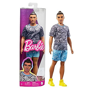 Barbie Ken Doll, Kids Toys, Fashionistas, Brown Hair in Bun, Paisley Tee and Shorts, Clothes and Accessories