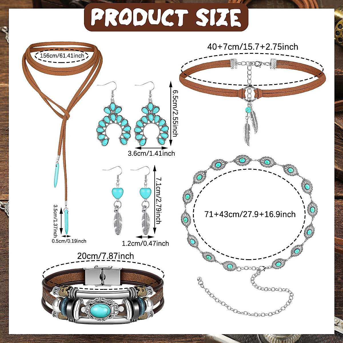 Geyoga 6 Pcs Western Jewelry for Women Bohemian Turquoise Pendant Choker Necklace Long Choker Dangle Earrings Boho Layered Bracelets Adjustable Cowgirl Chain Belt for Women