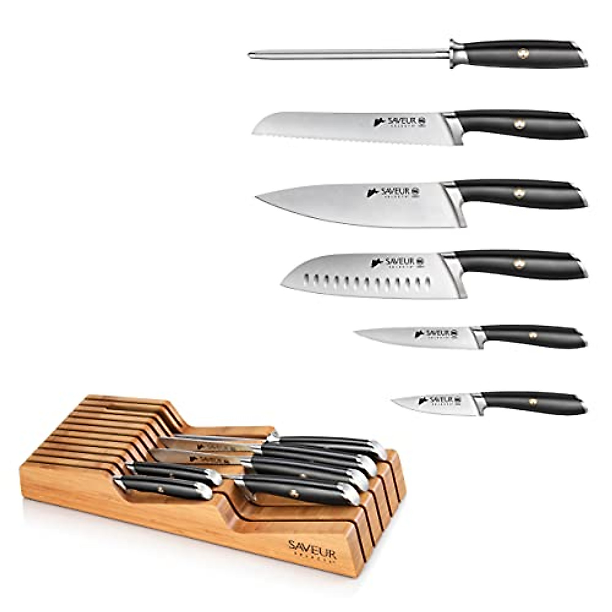 Saveur Selects 1026306 German Steel Forged 6-Piece Knife Set with Bamboo in Drawer Storage Knife Block
