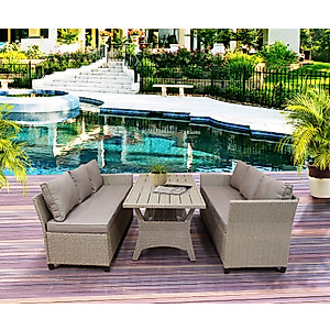 GINGVAT Patio Outdoor Furniture PE Rattan Wicker Conversation Set All-Weather Sectional Sofa with Table & Soft Cushions (Brown)