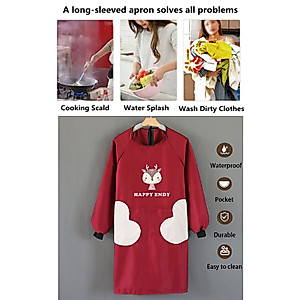 NAN Wind Women Kitchen Apron with Big Pockets,Long Sleeves Waterproof Apron for Cooking Baking Cleaning Work