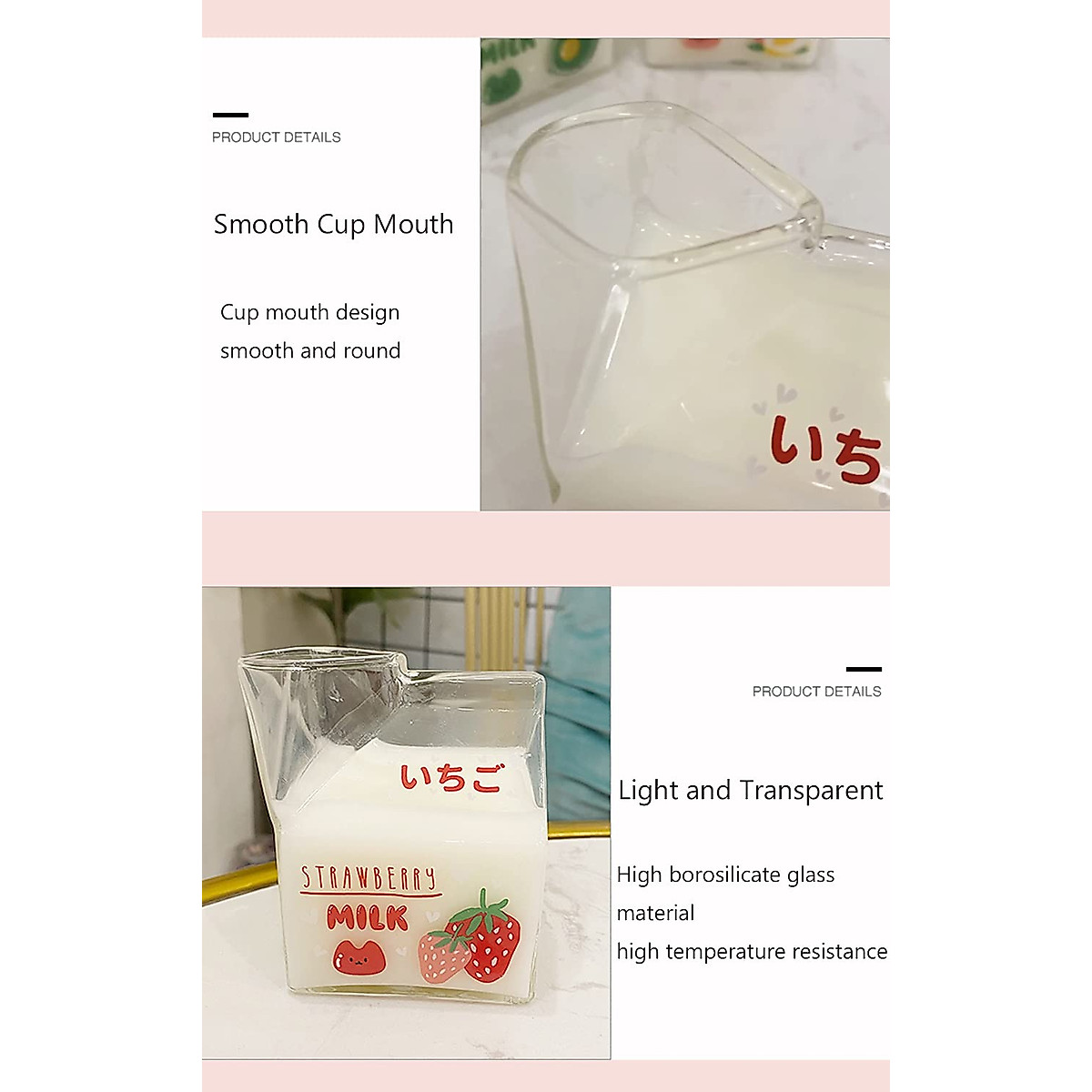 380ml Kawaii Milk Glass Cup Creative Square Clear Milk Carton Water Bottle Wholesale Cute Fruit Heat Resistant Breakfast Cups (Avocado, 300-400ml)