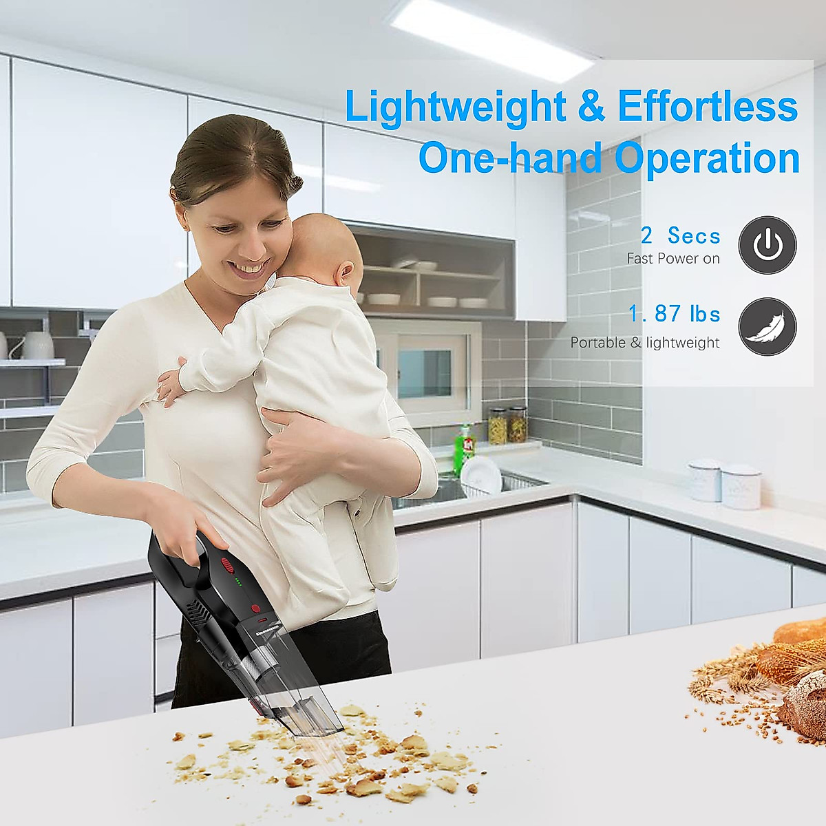 Simonseason Handheld Vacuum Cordless Rechargeable, Portable Hand Vacuum Cleaner with 8000Pa Strong Suction, Mini Hand Held Vacuum Cordless with Long Battery Life for Car, Pet Hair, Couch, Stairs