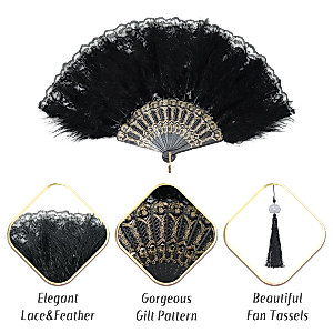 Lace Feather Folding Fan Vintage Spanish Hand Fan for Women Dancing Party Costume Festival Performance (Black)