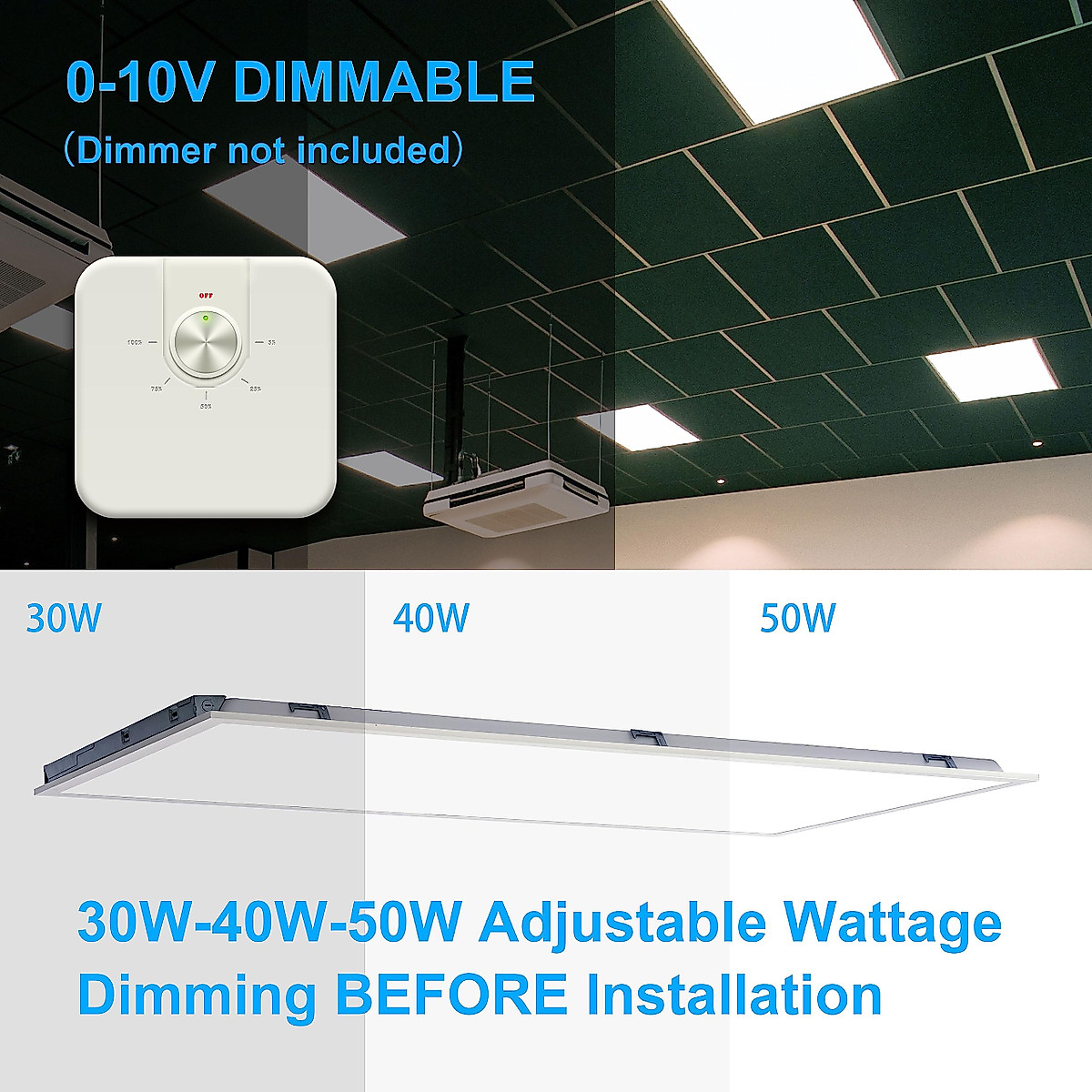 Geperll 2 Pack 2x4FT LED Flat Panel Troffer Light, Drop Ceiling Office Back-lit Fixture,35K/40K/50K CCT & 30/40/50W Selectable 0-10V Dimmable 100-277VAC-ETL
