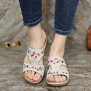 Aniywn Summer Slippers Womens Wedge Heel Embroidery Floral Sandals Women's Shoes Open Toe Arch Support Women Shoes