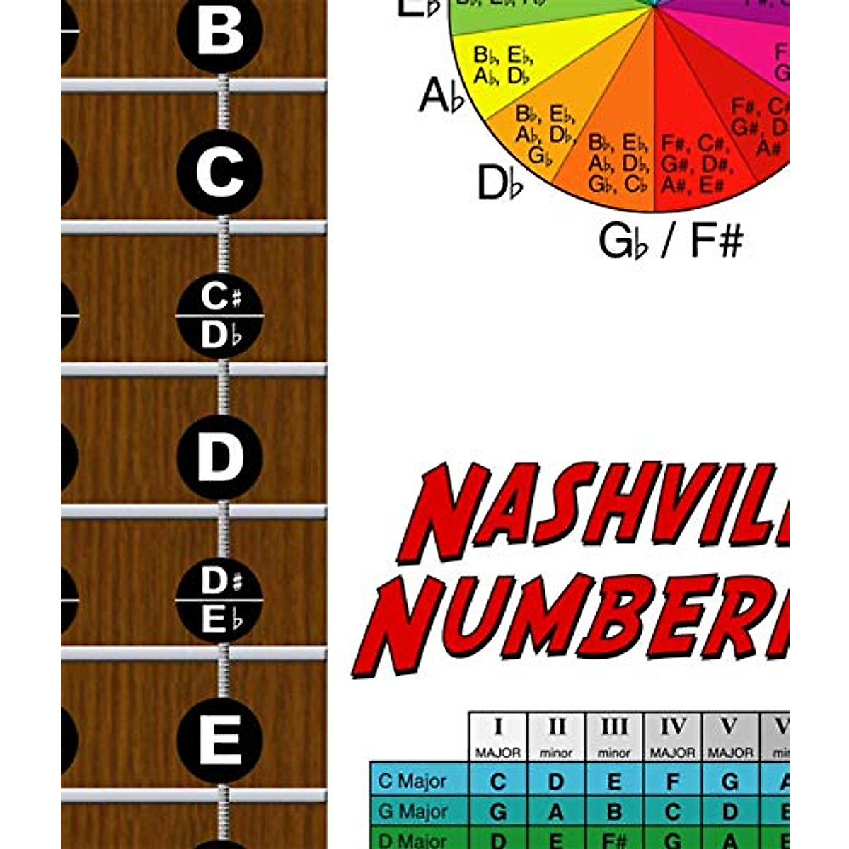 Laminated 4 String Bass Fretboard Notes Chart Nashville Number System & Circle of 5ths Easy Instructional Poster for Beginner for Notebook - A New Song Music 8.5 x 11