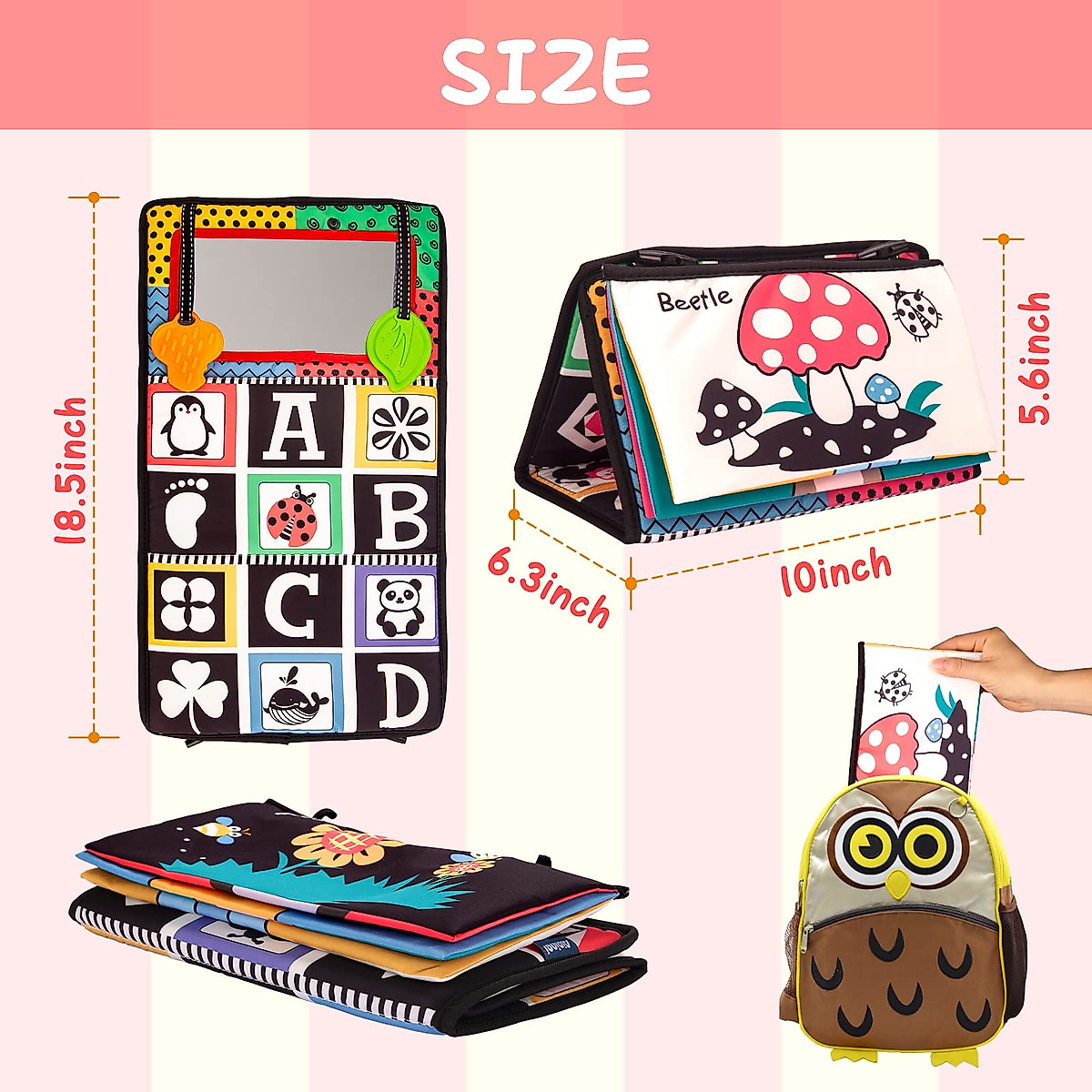 Little World Tummy Time Floor Mirror - Tummy Time Mirror Double High Contrast with Teething Toys, Developmental Black and White Baby Toys for Infants Newborn 0-3 Months Baby Boys and Girls