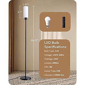 EDISHINE LED Corner Floor Lamp with Glass Lampshade, Modern Dimmable Reading Light with Remote, 65" Standing Tall Lamp for Living Room, Bedroom, Office, Bulb Included (Black)