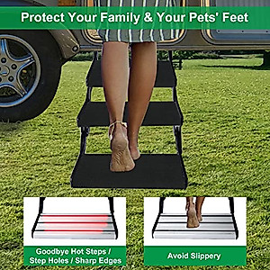 BLACKHORSE-RACING RV Steps Covers Rugs 3 Pack, 18" Inch Wide RV Camper Step Stair Covers, Wrap Around Camper Stair Rugs Radius Carpet with Spring Hooks, Black