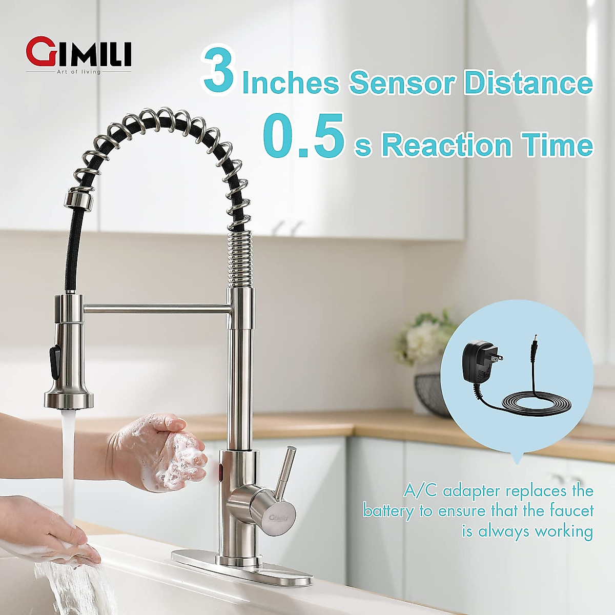 GIMILI Touchless Kitchen Faucet with AC Adapter, Smart Motion Sensor Hands Free Single Handle Kitchen Sink Faucet with Pull Down Sprayer, Brushed Nickel