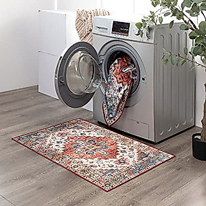 DECOMALL Sigrain Washable Rugs 5x7, Traditional Persian Rug with Rubber Backing, Distressed Medallion Area Rug for Living Room Bedroom Dinning Room, 5x7ft, Orange