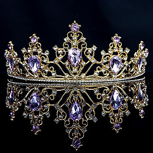 AHONEY Purple Gem Gold Tiara and Crown for Women, Crystal Mermaid Crown Rhinestone Princess Tiaras for Girls Rapunzel Crown for Wedding Birthday Prom Halloween Party