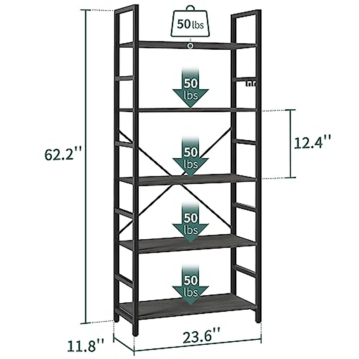 Yoobure 5 Tier Bookshelf - Tall Book Shelf Modern Bookcase for CDs/Movies/Books, Rustic Book Case Industrial Bookshelves Book Storage Organizer for Bedroom Home Office Living Room Grey