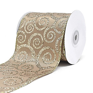 Homeford Glitter Swirl Taffeta Wired Edge Christmas Ribbon, Champagne, 4-Inch, 10-Yard