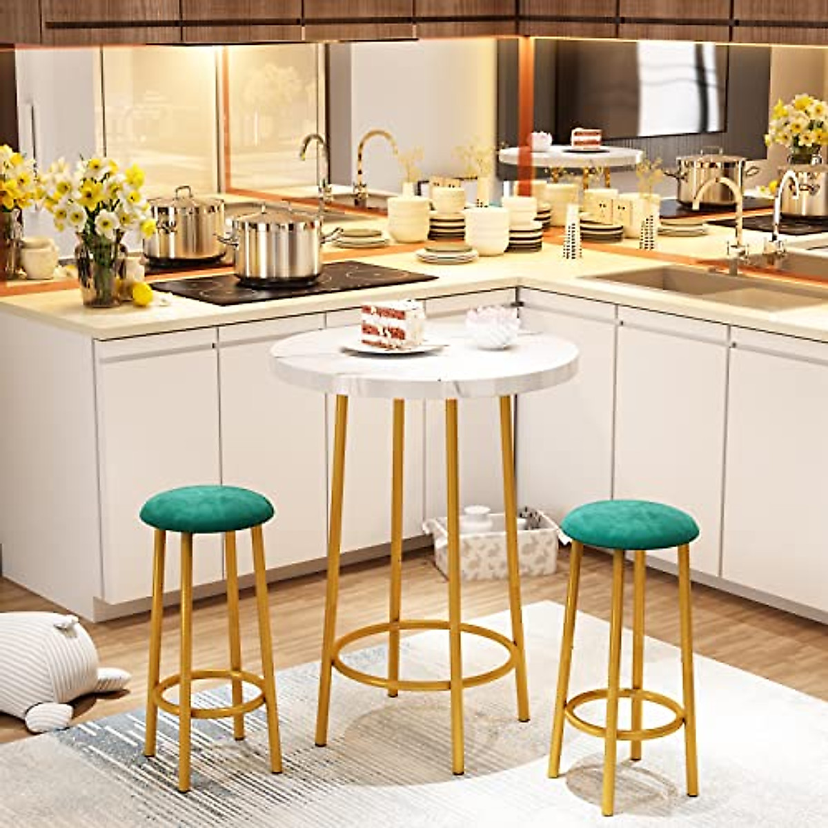 Hooseng Bar Table Set, 3 Pieces Round Dining Table Set with Counter Height Faux Marble Table and 2 Stools, Space Saving Bar Table and Chairs Set for Breakfast Nook Apartment Cafe Small Space, Green