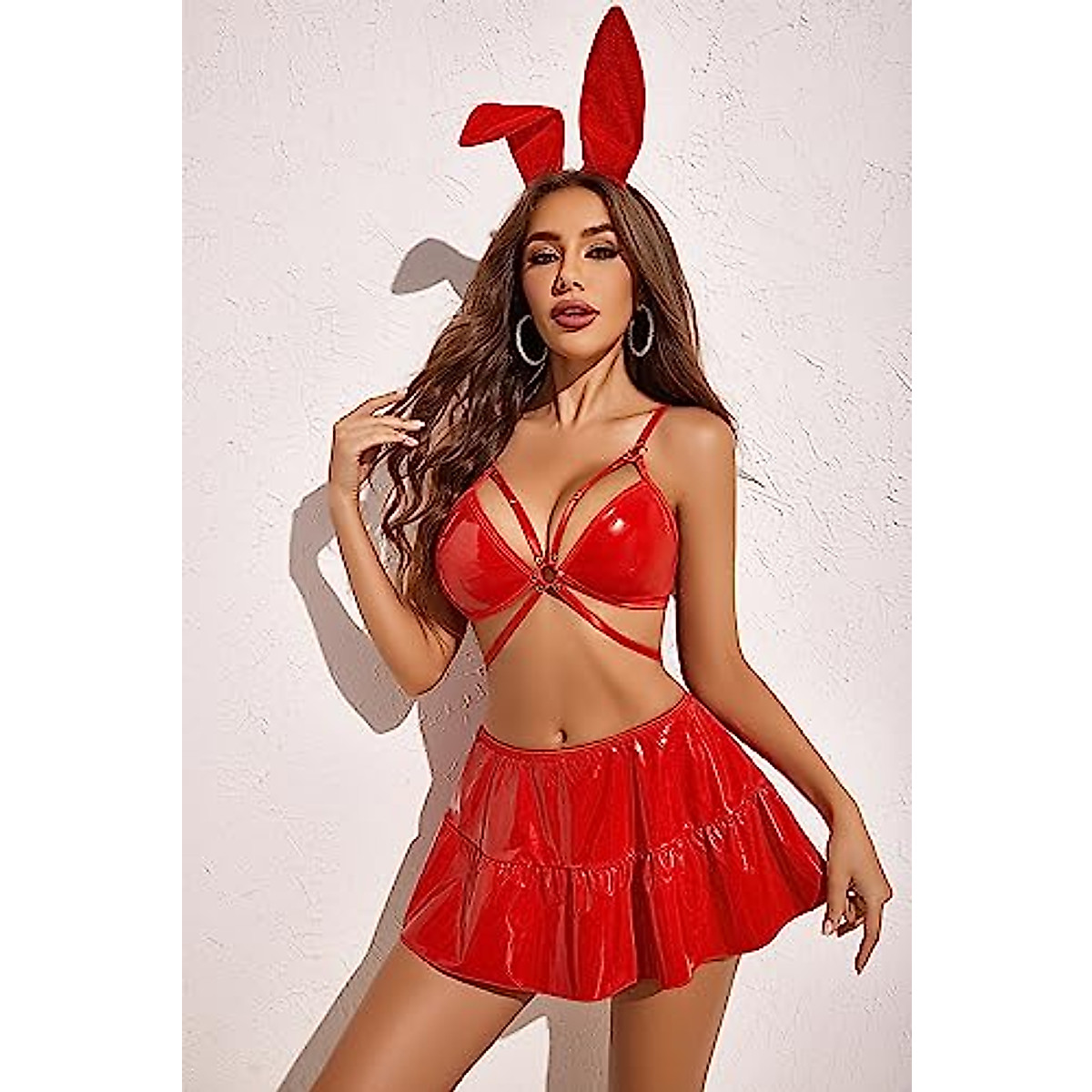 Avidlove Women Exotic Lingerie Set Sexy PU Leather Bra Top and Panty Set with Mini Skirt Sexy Lingerie Outfits Red