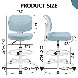 Primy Office Drafting Chair Armless, Tall Office Desk Chair Adjustable Height and Footring, Mid-Back Ergonomic Standing Desk Chair Mesh Rolling Tall Chair for Art Room, Office or Home(Light Blue)