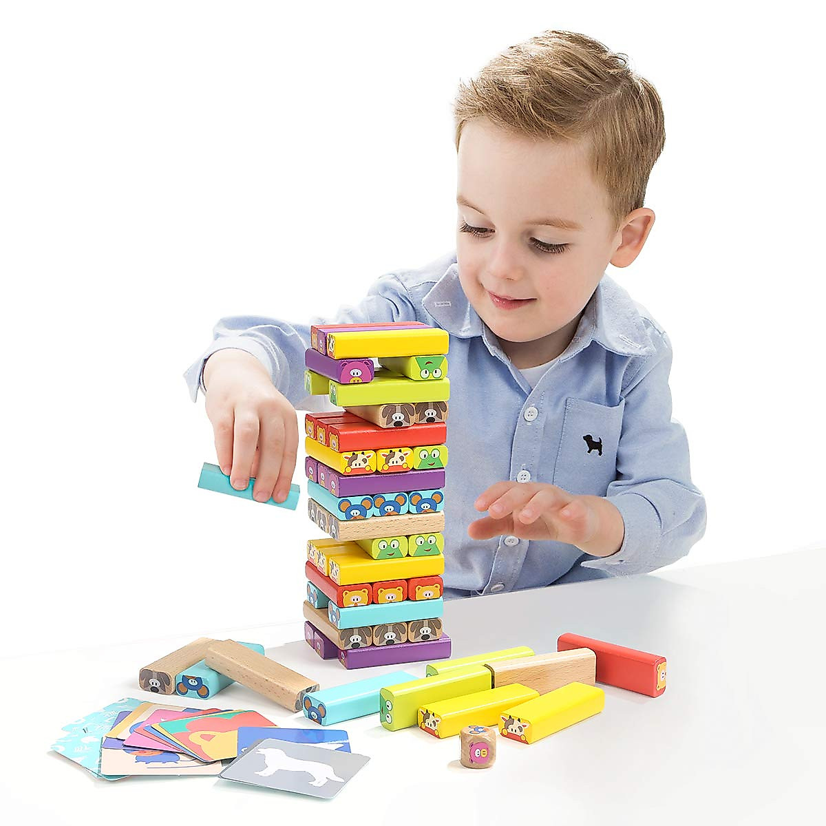 TOP BRIGHT Colored Wooden Stacking Games for Kids Toddler Building Blocks Fine Motor Skills Toy - 51 Pieces with Cards