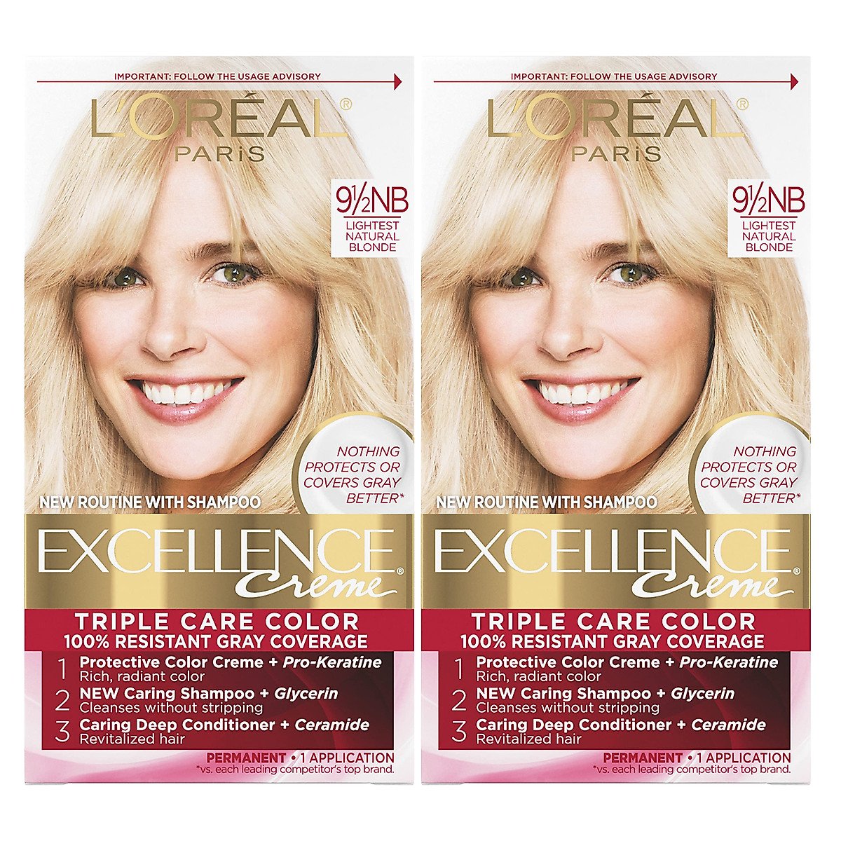 L’Oréal Paris Excellence Creme Permanent Hair Color, 9.5NB Lightest Natural Blonde, 100 percent Gray Coverage Hair Dye, Pack of 2