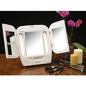JERDON Modern Tri-Fold Makeup Mirror with Lights - Vanity Mirror with 5X Magnification & Multiple Light Settings - White Base - Model JGL10W
