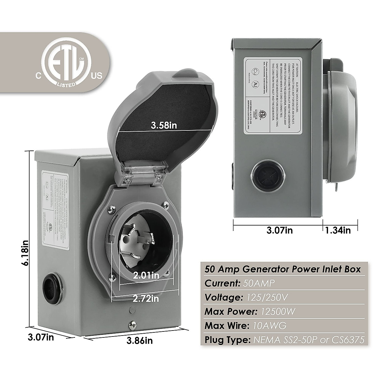 ARCFONY 50 Amp Generator Inlet Box-NEMA 3R Power Inlet Box,125/250 Volt,12500 Watts