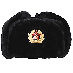 Loxdonz Ushanka Russian Military Hat with Ear Flaps and Soviet Badge, Trapper Ski Hat for Winter (One Size, Black)