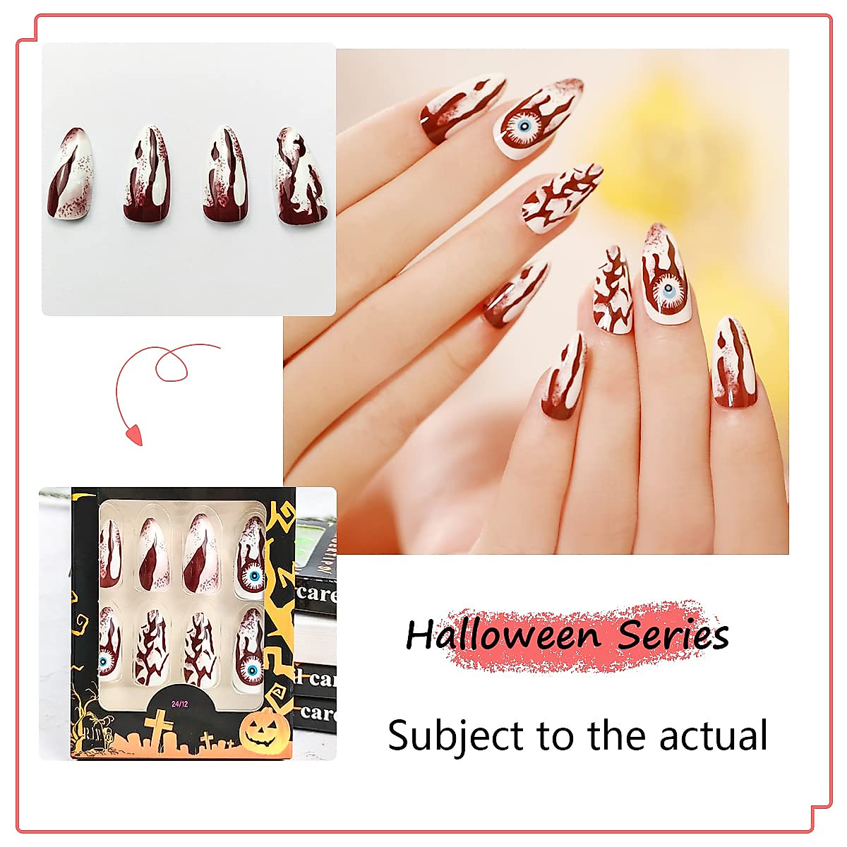 Day of the Dead Press on Nails Medium Length Halloween Fake Nails Almond False Nail with Design Halloween Horror Red Eyeball Artificial Nails Press On Full Cover Nail Tips 24Pcs
