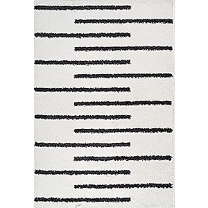 JONATHAN Y MOH402A-3 Alaro Berber Stripe Shag Indoor Area-Rug Bohemian Geometric Contemporary Glam Easy-Cleaning Bedroom Kitchen Living Room Non Shedding, 3 X 5, White/Black