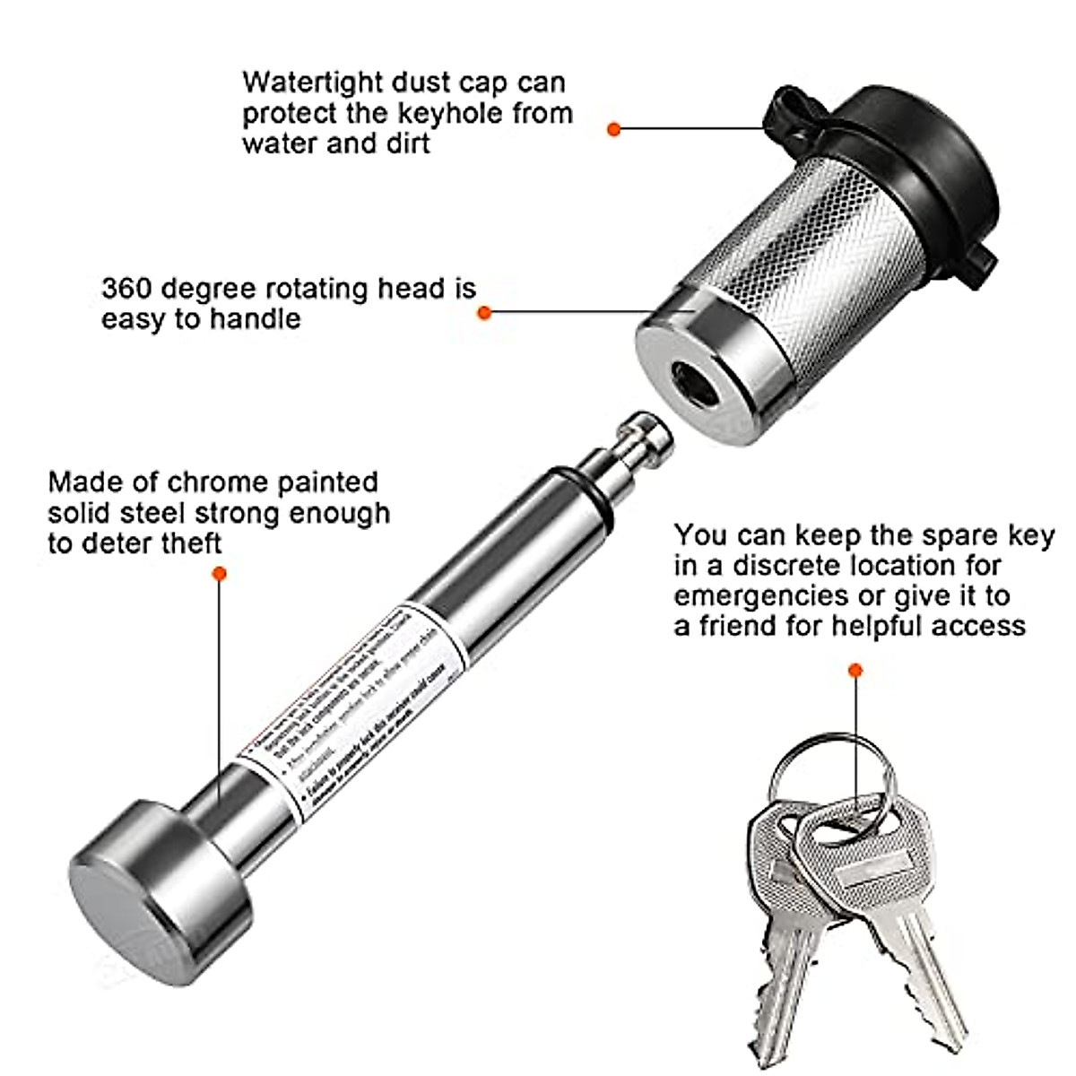 CZC AUTO Locking Hitch Pin Fit 2" & 2.5" Receiver, Trailer Hitch Lock with 5/8" Pin, Hitch Pin Lock for Class III IV, Chrome Coated Tow Hitch Locking Pin with Keys