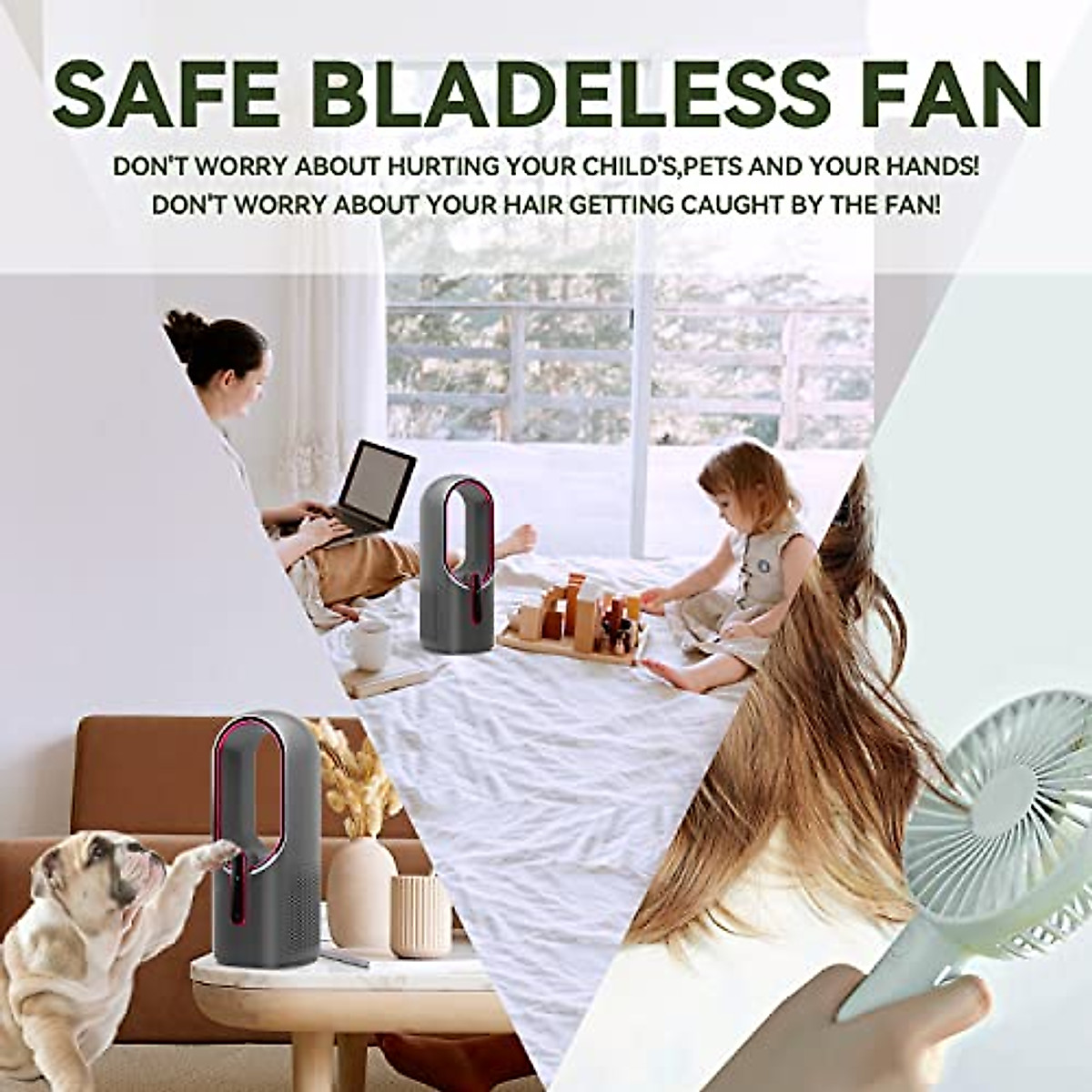 Misby Desk Fan, Rechargeable Battery Powered or USB-Powered Bladeless Fan,11.8 Inch Portable Fan, 3 Speeds Table Fan, Touch Control, Grey Low Power Cooling Fans for Bedroom, Home, Office