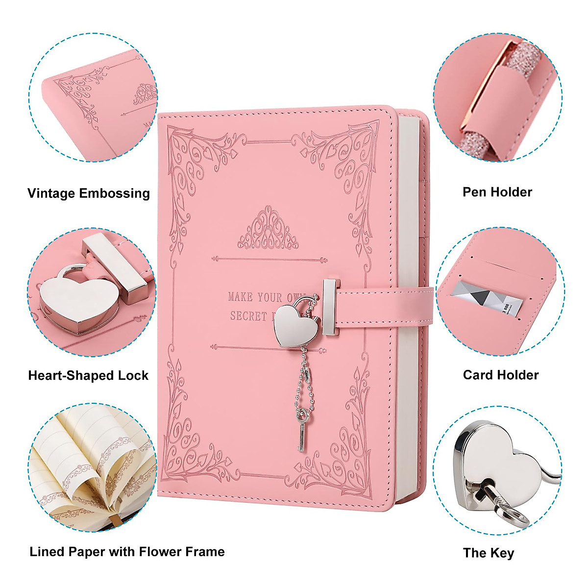 JiaoJiRen Heart-Shaped Lock diary with pen,A5 Size Soft PU Leather Locking Journal Personal Planner Writing Notebook Secret Notebook Gift for Adults,kids,Writers girls&women.(Pink).