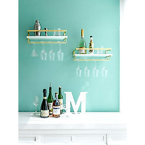 Mkono Wall Mounted Wine Rack Set of 2 White Wood Wine Bottle Glass Holder Floating Shelves with Stemware Hanger Modern Plants Photos Wine Display Storage Holder for Kitchen Dining Room Bar, 17 Inch