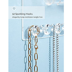 Mymazn 2 Pack Acrylic Necklace Holder with Shelf, 12 Diamond Shape Hooks and Removable Bracelet Rod, Wall Mounted Jewelry Organizer Hanging Jewelry Rack Clear Jewelry Hangers for Necklace, Bracelet